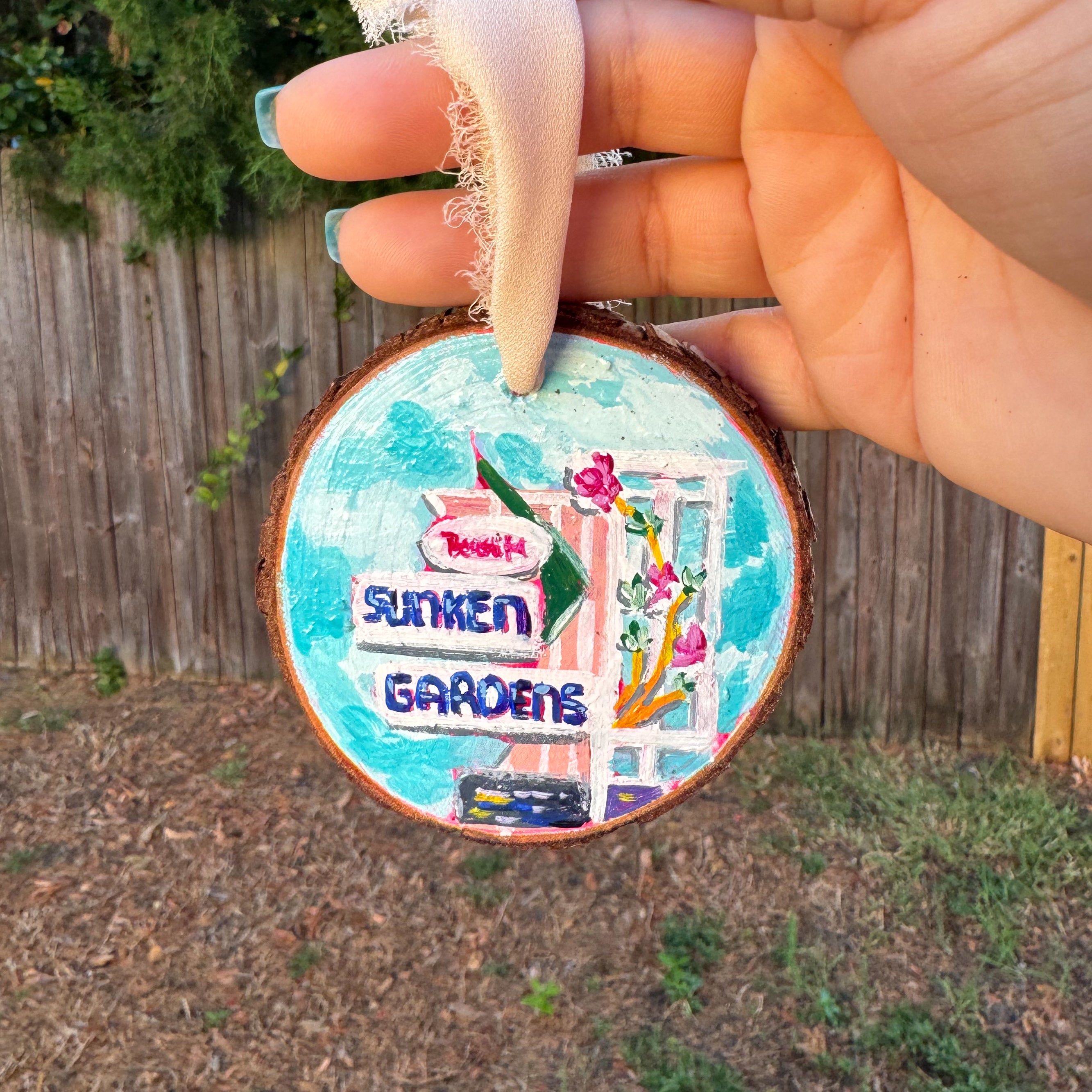 Sunken Gardens Sign Wood Slice Ornament – Alexandra Wuyke Art